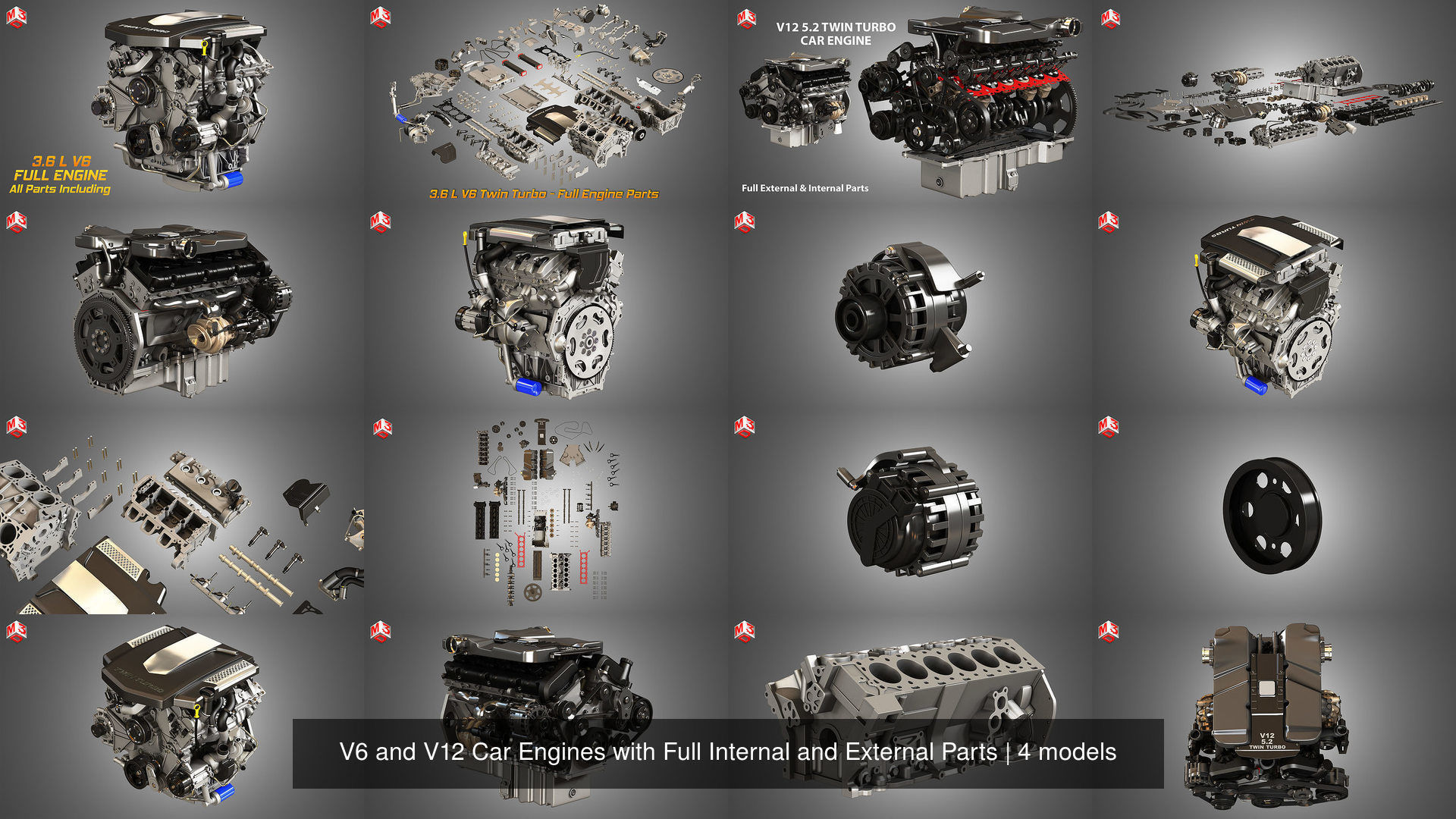 V6 and V12 Car Engines with Full Internal and External Parts 3D Model ...