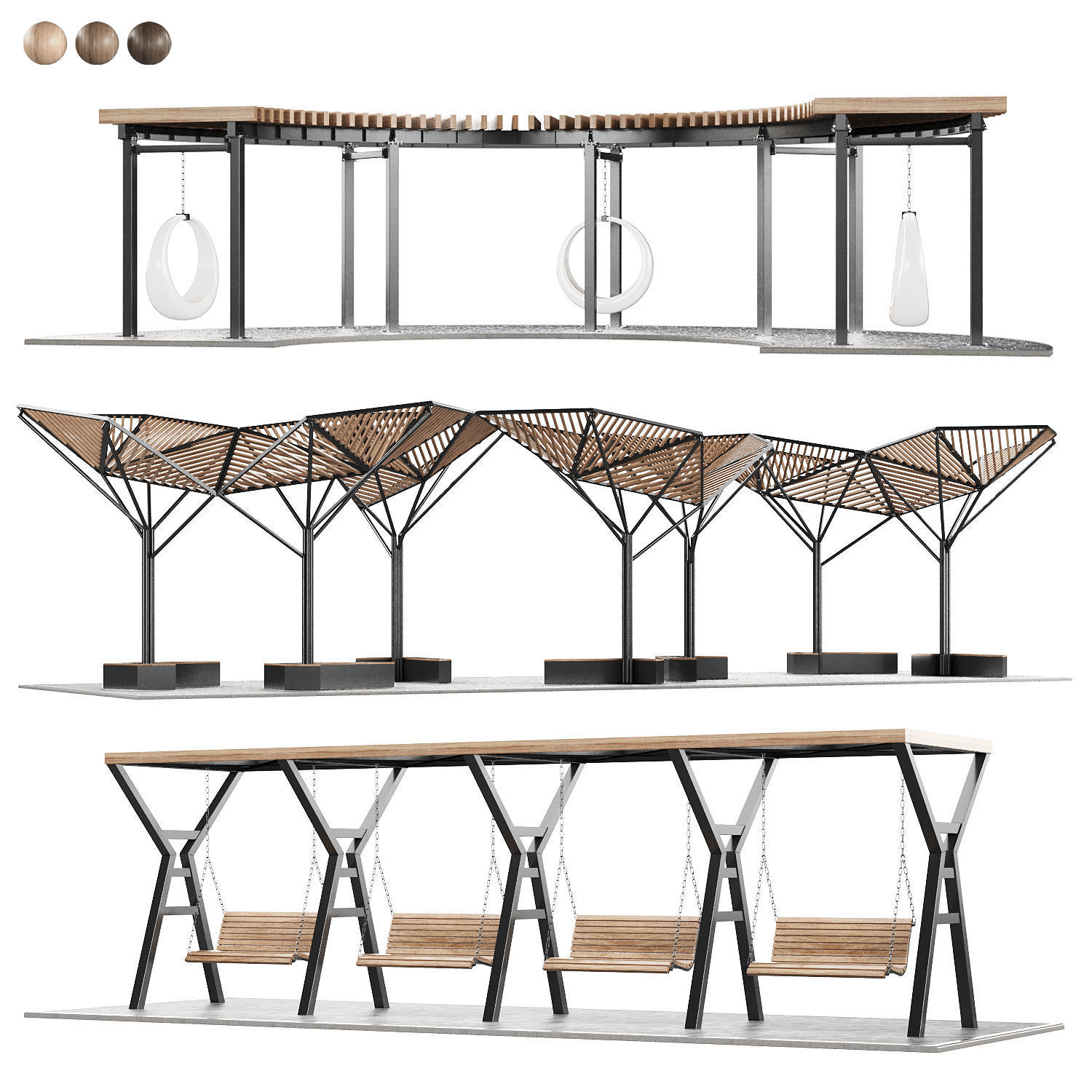 Set of pergolas gazebos canopies with swings benches 3D model | CGTrader