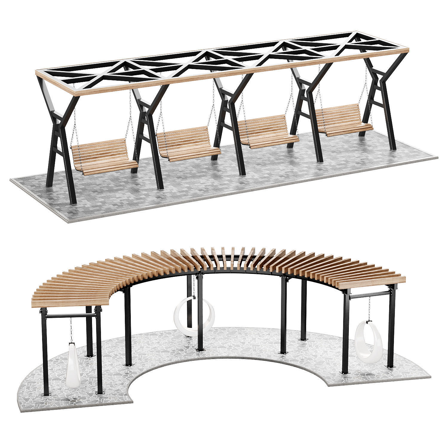 Set of pergolas gazebos canopies with swings benches 3D model | CGTrader