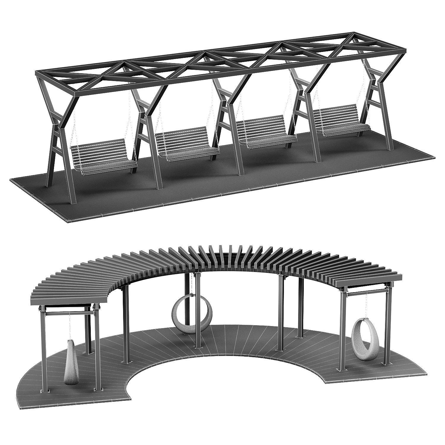 Set of pergolas gazebos canopies with swings benches 3D model | CGTrader