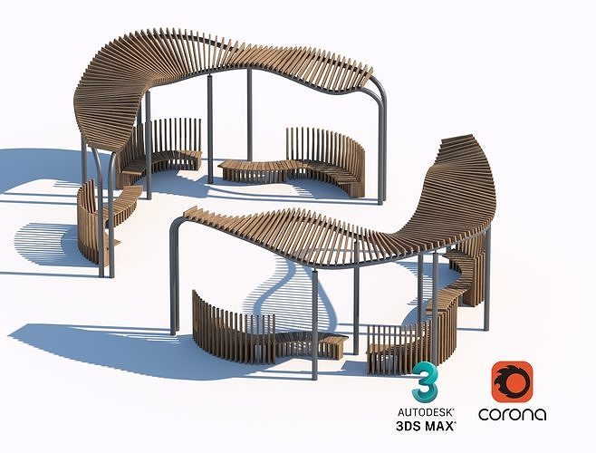 Curved Wooden Canopy Seating Structure for Urban Parks 3D model | CGTrader