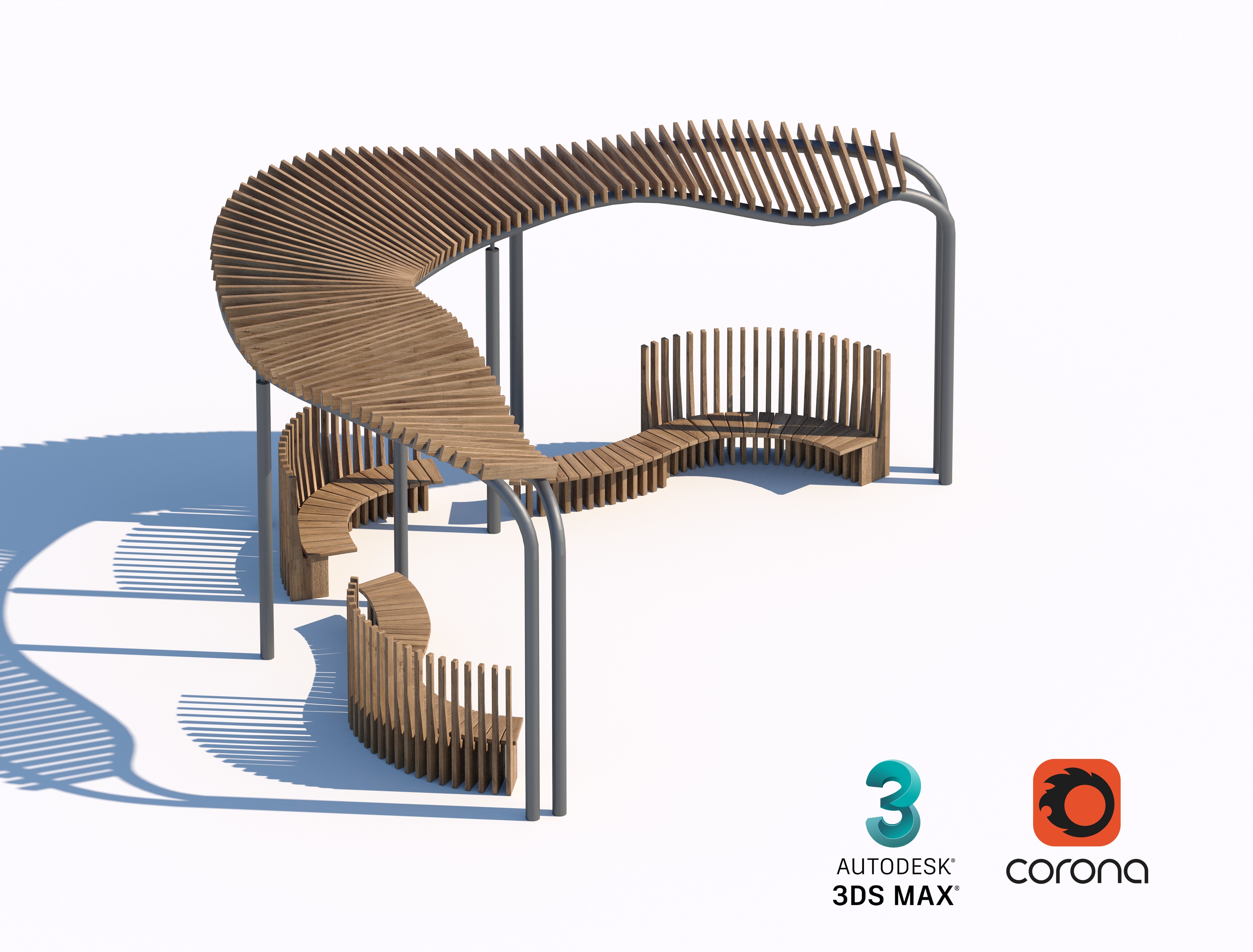 Curved Wooden Canopy Seating Structure for Urban Parks 3D model | CGTrader