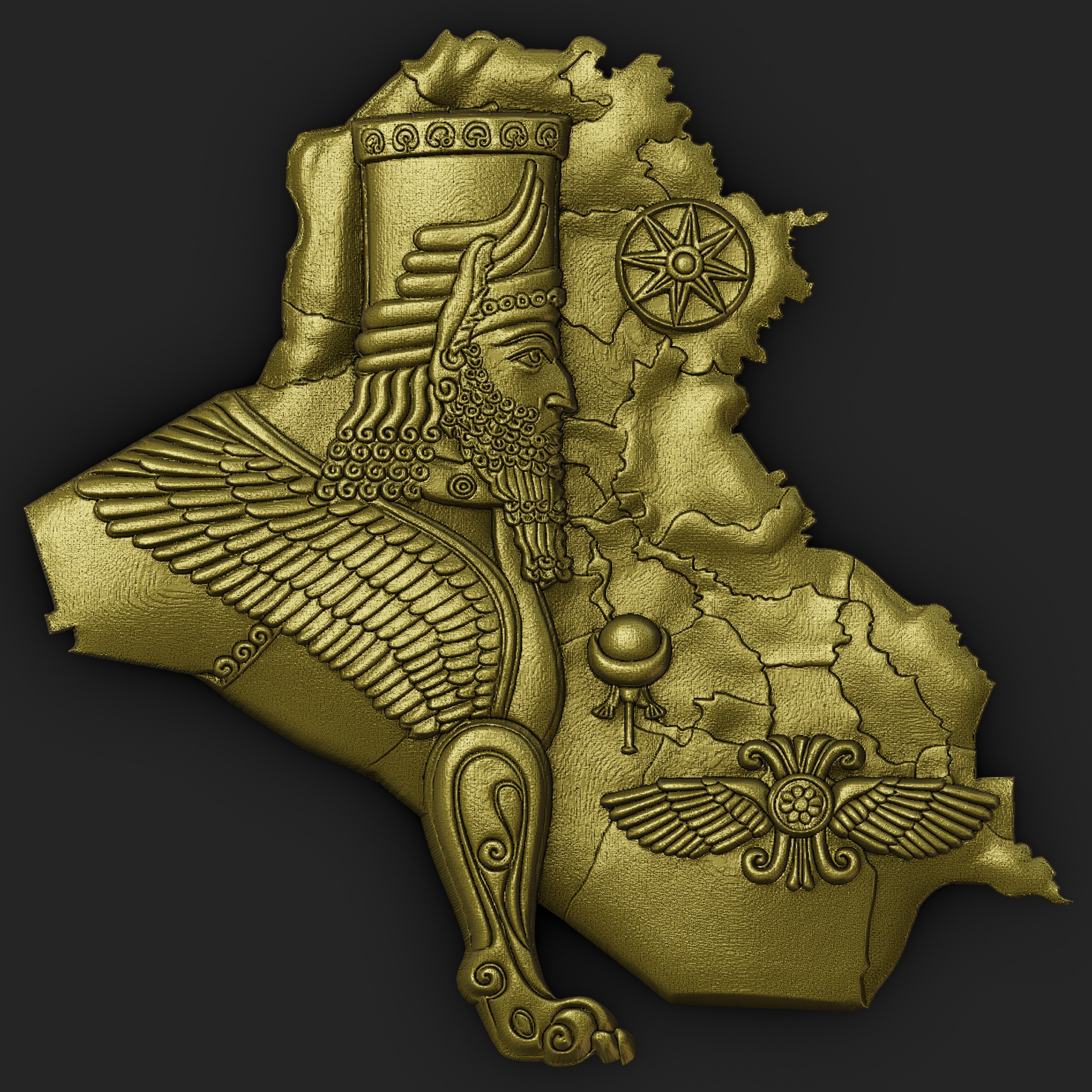 iraqi Map with Assyrian Winged Bull Relief Iraq 3D Art 3D model 3D ...