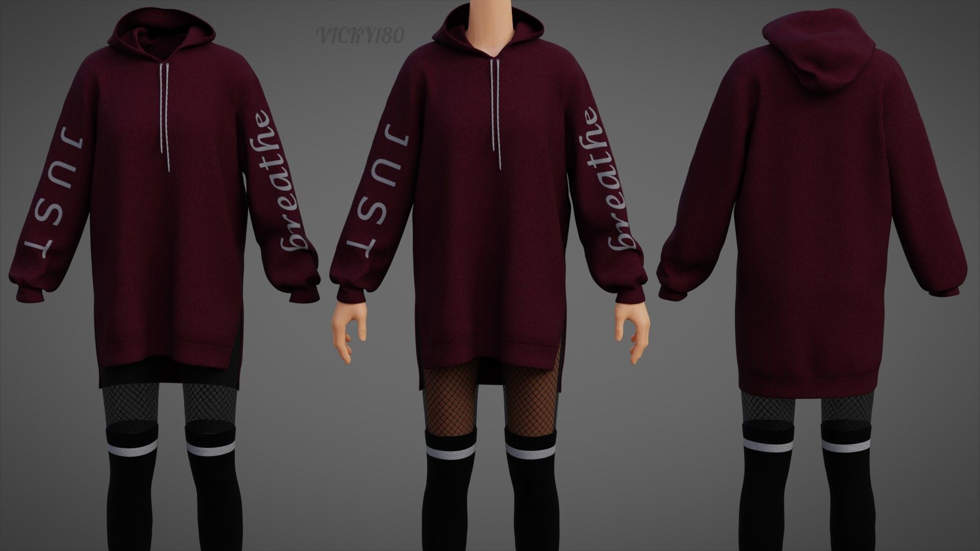 Oversized hoodie fit fishnet tights thigh high socks Goth outfit 3D ...