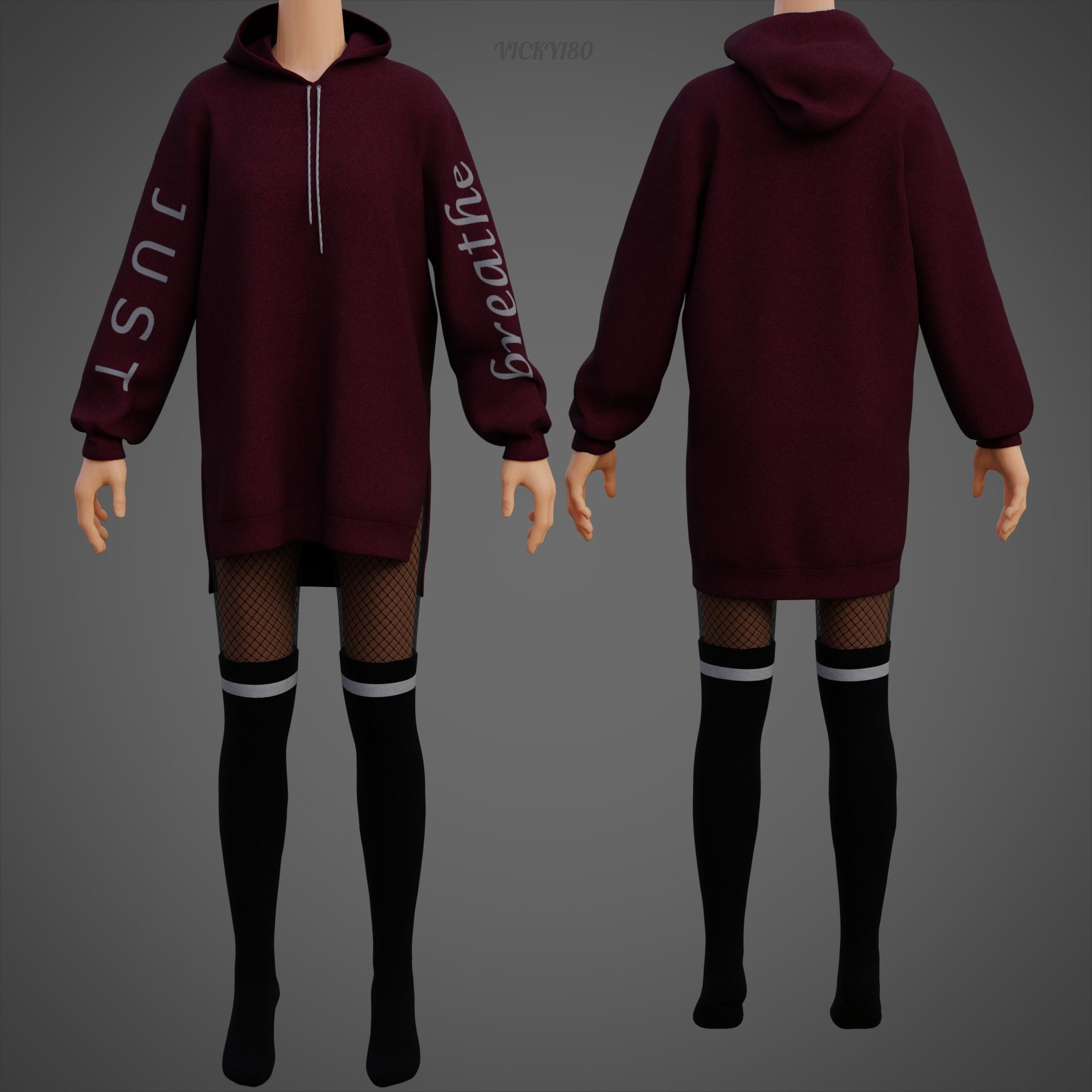 Oversized hoodie fit fishnet tights thigh high socks Goth outfit 3D ...