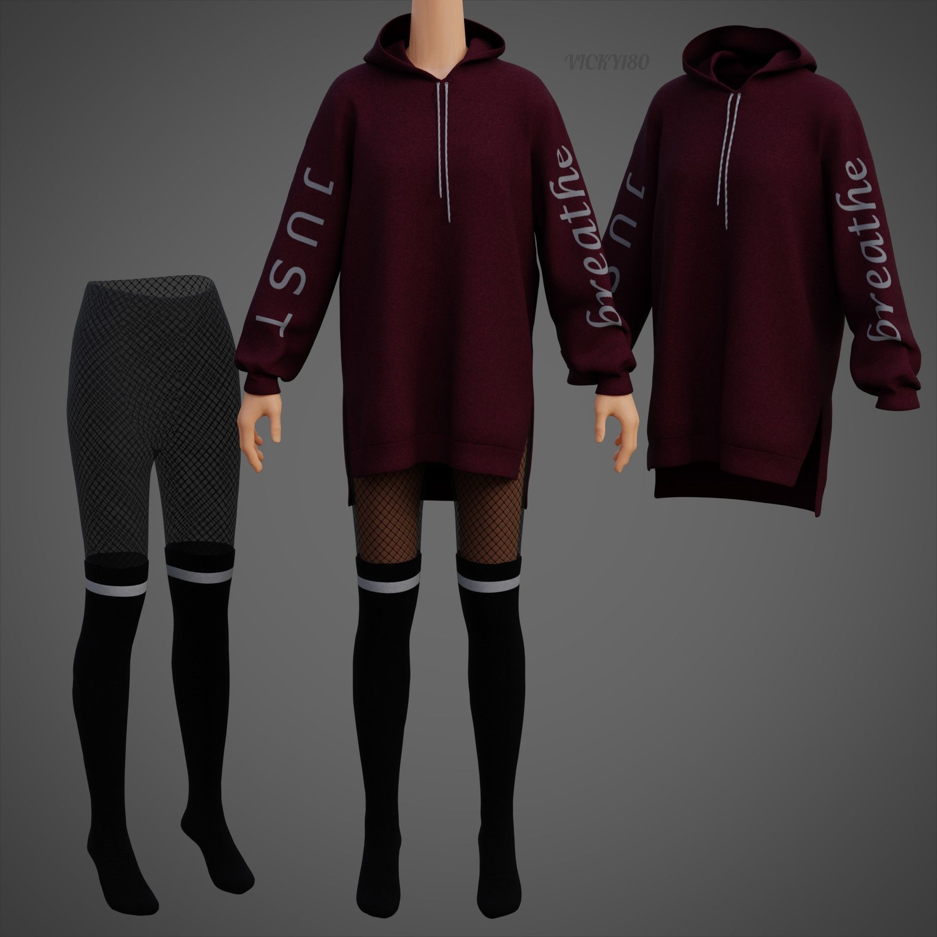 Oversized hoodie fit fishnet tights thigh high socks Goth outfit 3D ...