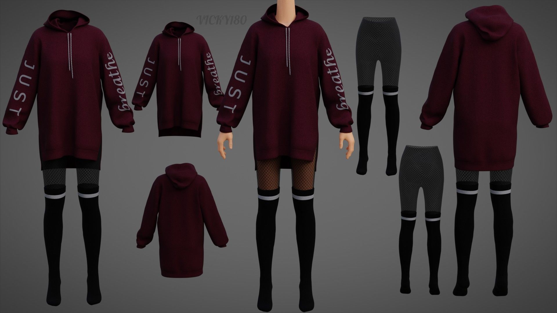 Oversized hoodie fit fishnet tights thigh high socks Goth outfit 3D ...