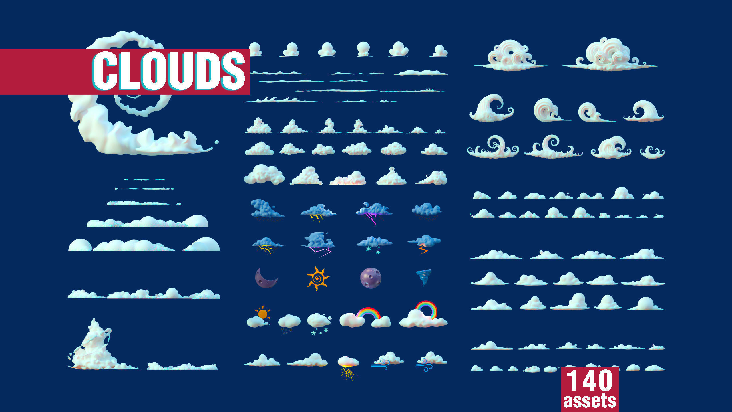 3D model Stylized Cartoon Clouds and Weather Icons pack 140 assets VR ...