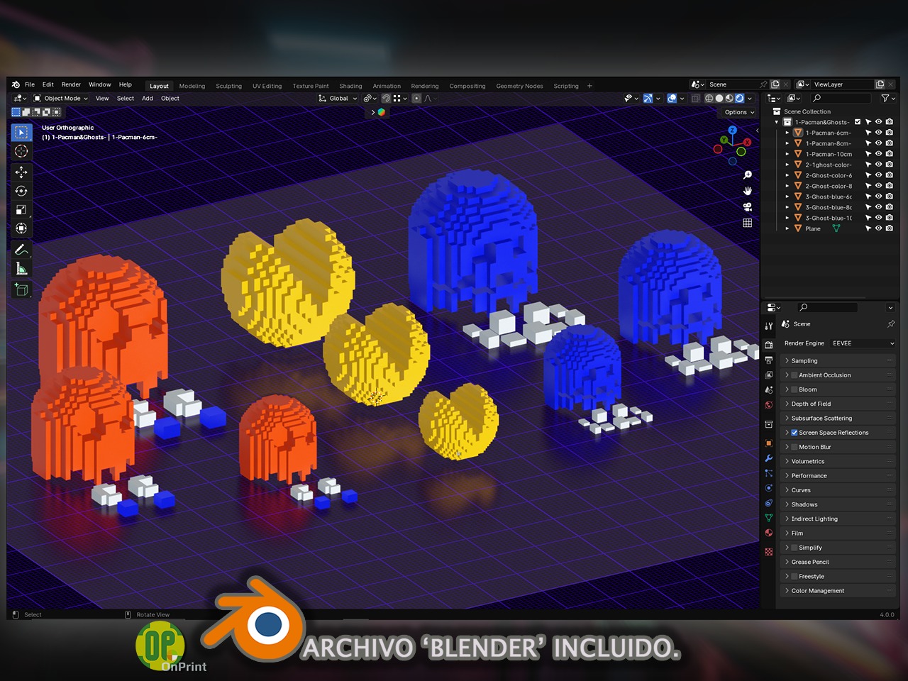Pacman and Ghosts - Voxels Style 3D model 3D printable | CGTrader