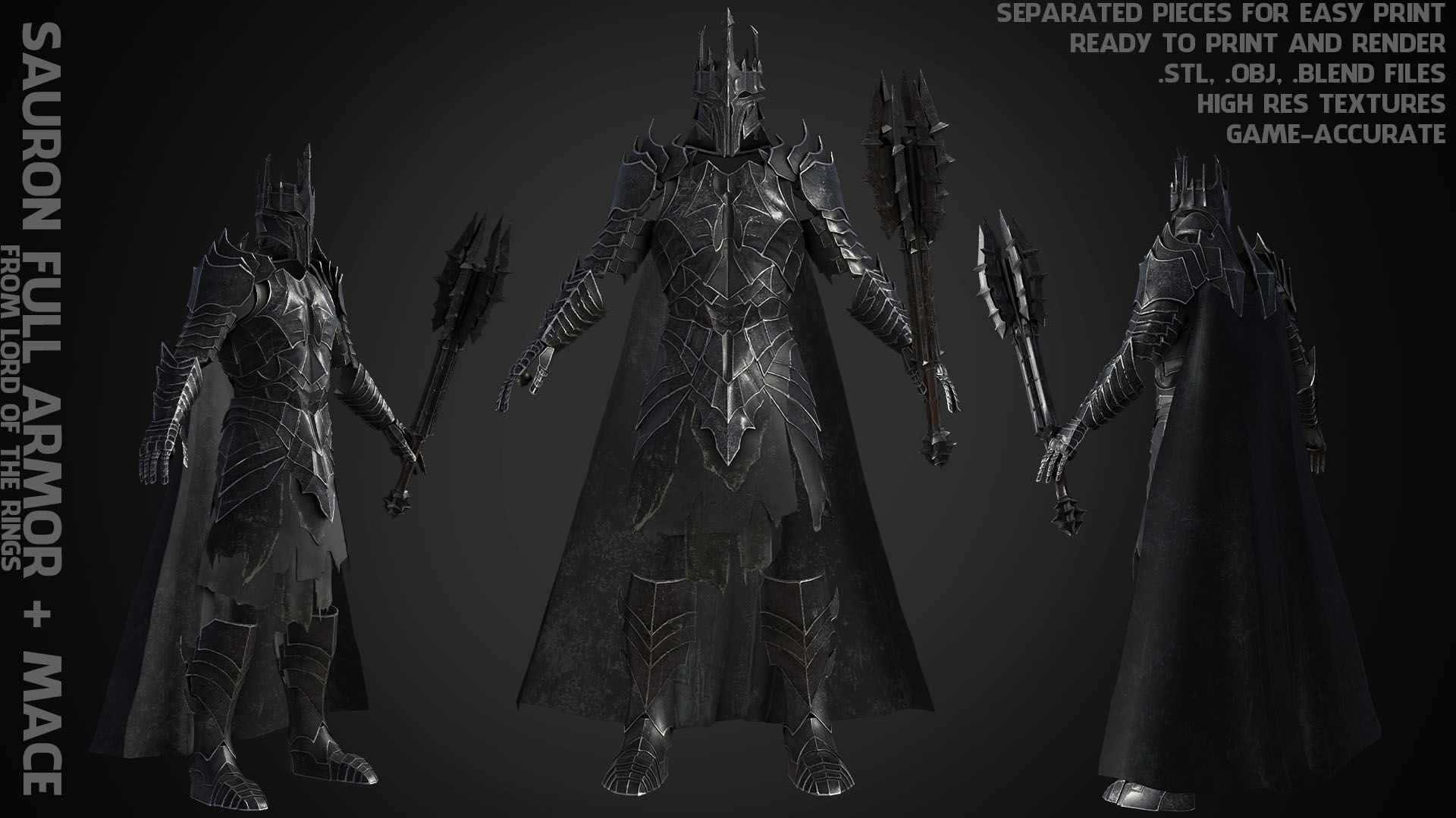 LOTR Dark Lord Sauron Full Armor and Mace for Cosplay 3D Model ...