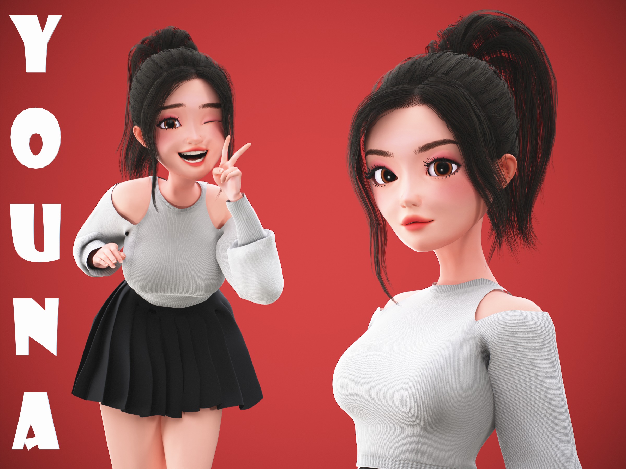 3D model Game Cartoon Korean Girl Character rigged VR / AR / low-poly ...