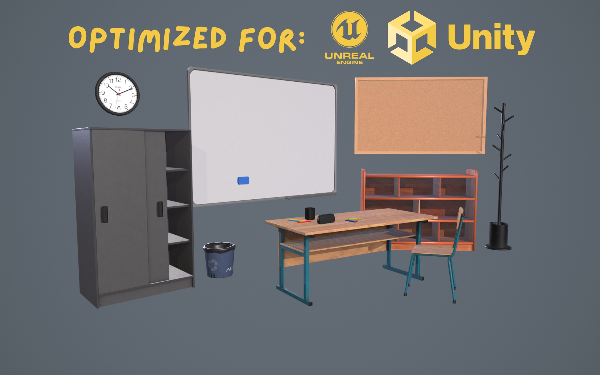 3D model School Classroom Props 15 Models Game-Ready VR / AR / low-poly ...