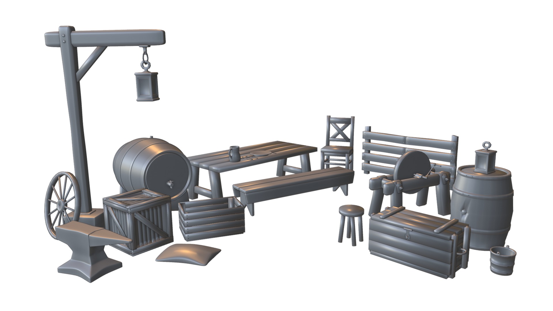 Medieval wooden village props free 3D model | CGTrader