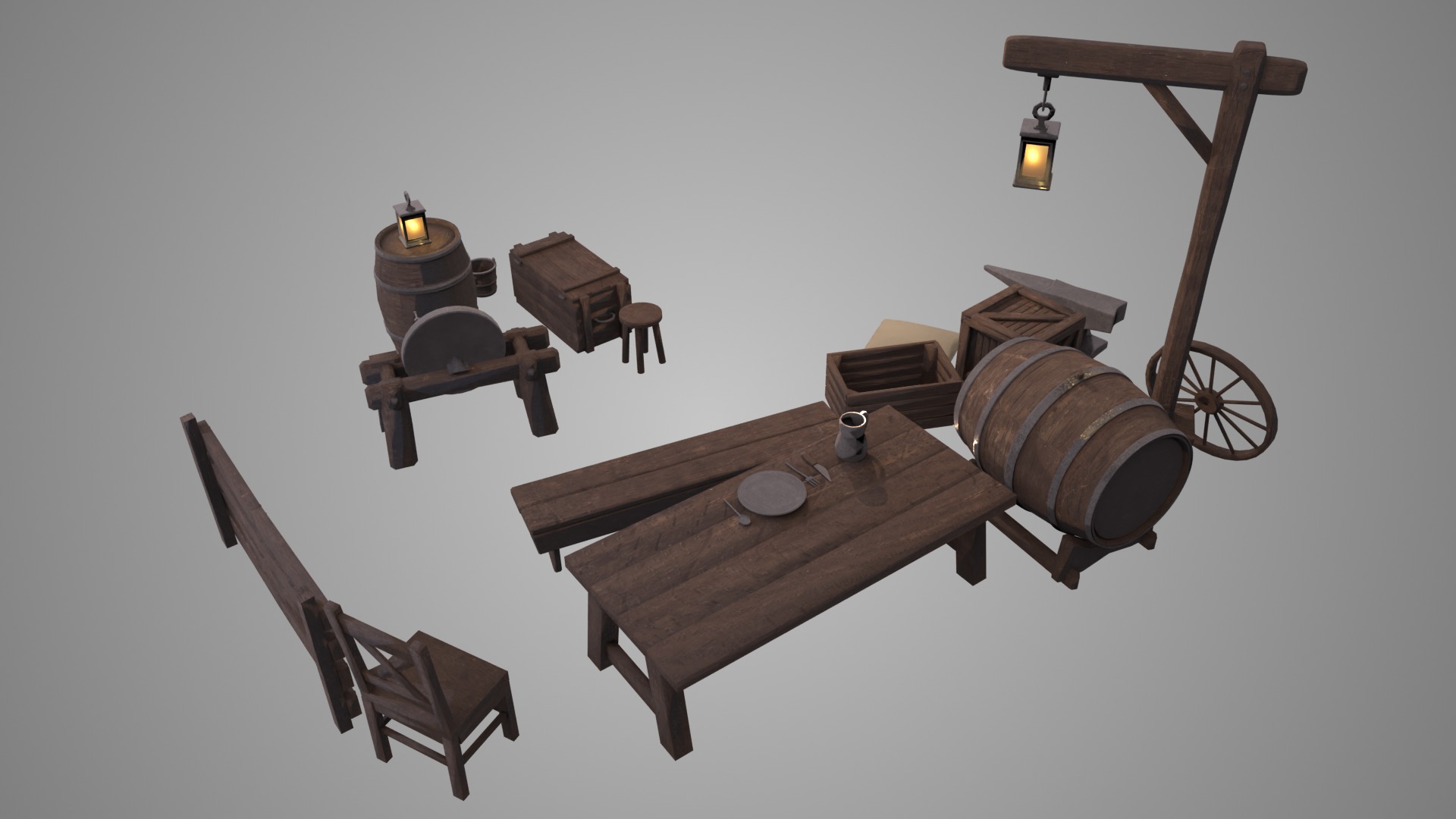 Medieval wooden village props free 3D model | CGTrader