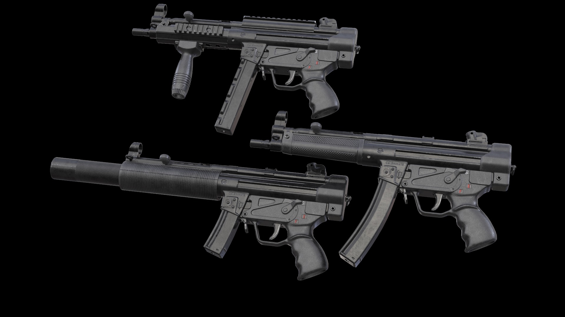 3D model MP5A1 MP5SD1 with Silencer Scope Mount Rail Grip VR / AR / low ...