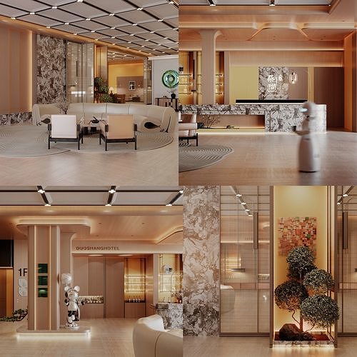 Modern Log Art Hotel Front Desk Lobby 3D model | CGTrader