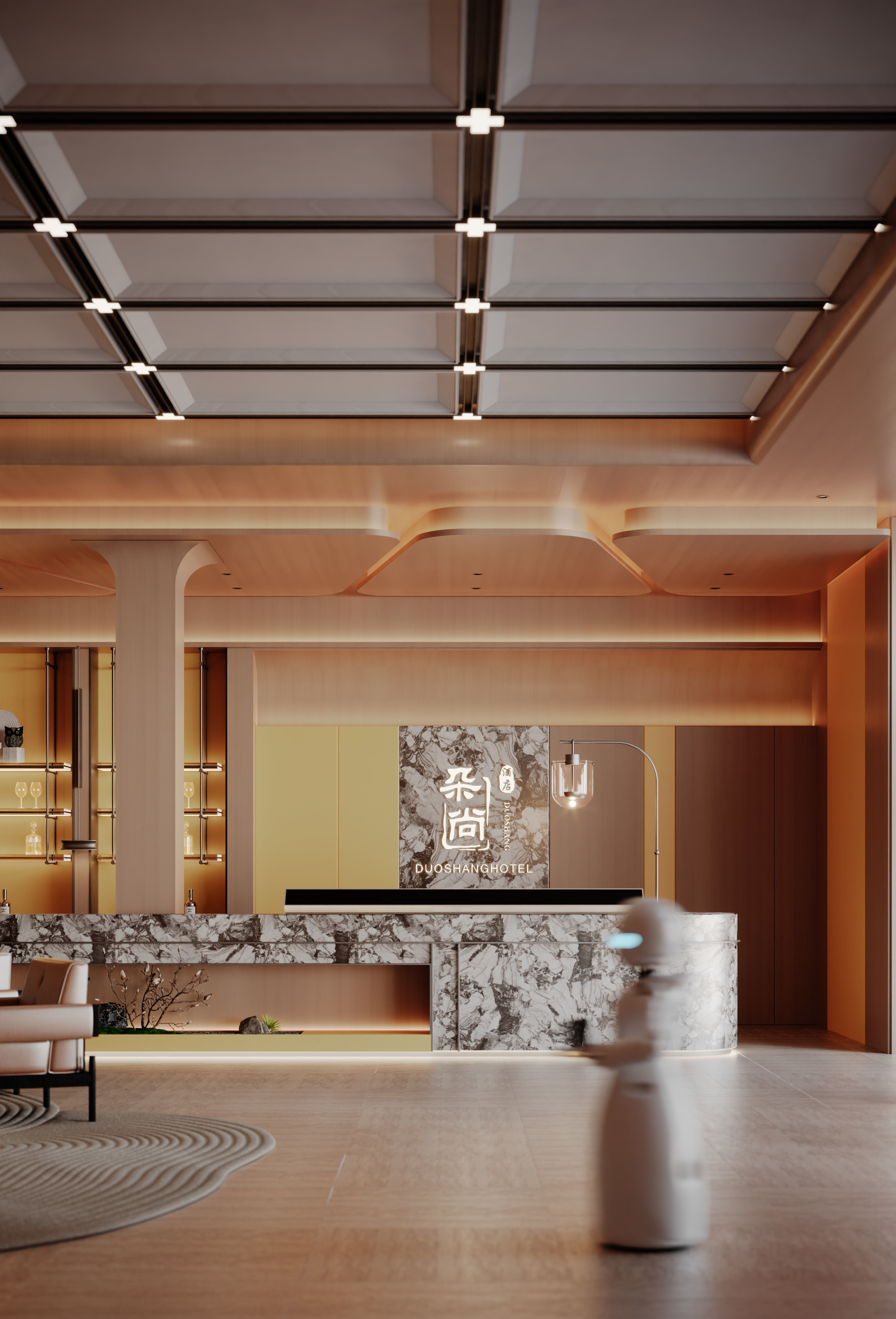 Modern Log Art Hotel Front Desk Lobby 3D model | CGTrader