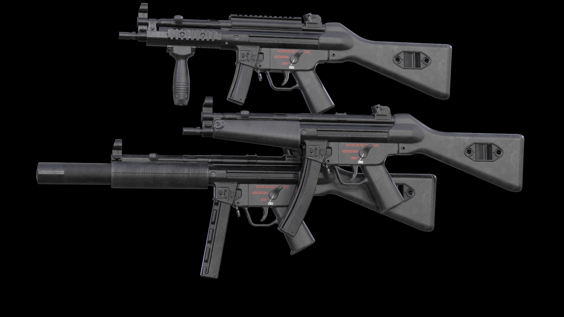 3D model MP5A5 MP5SD6 with Silencer Scope Mount Rail Grip VR / AR / low ...