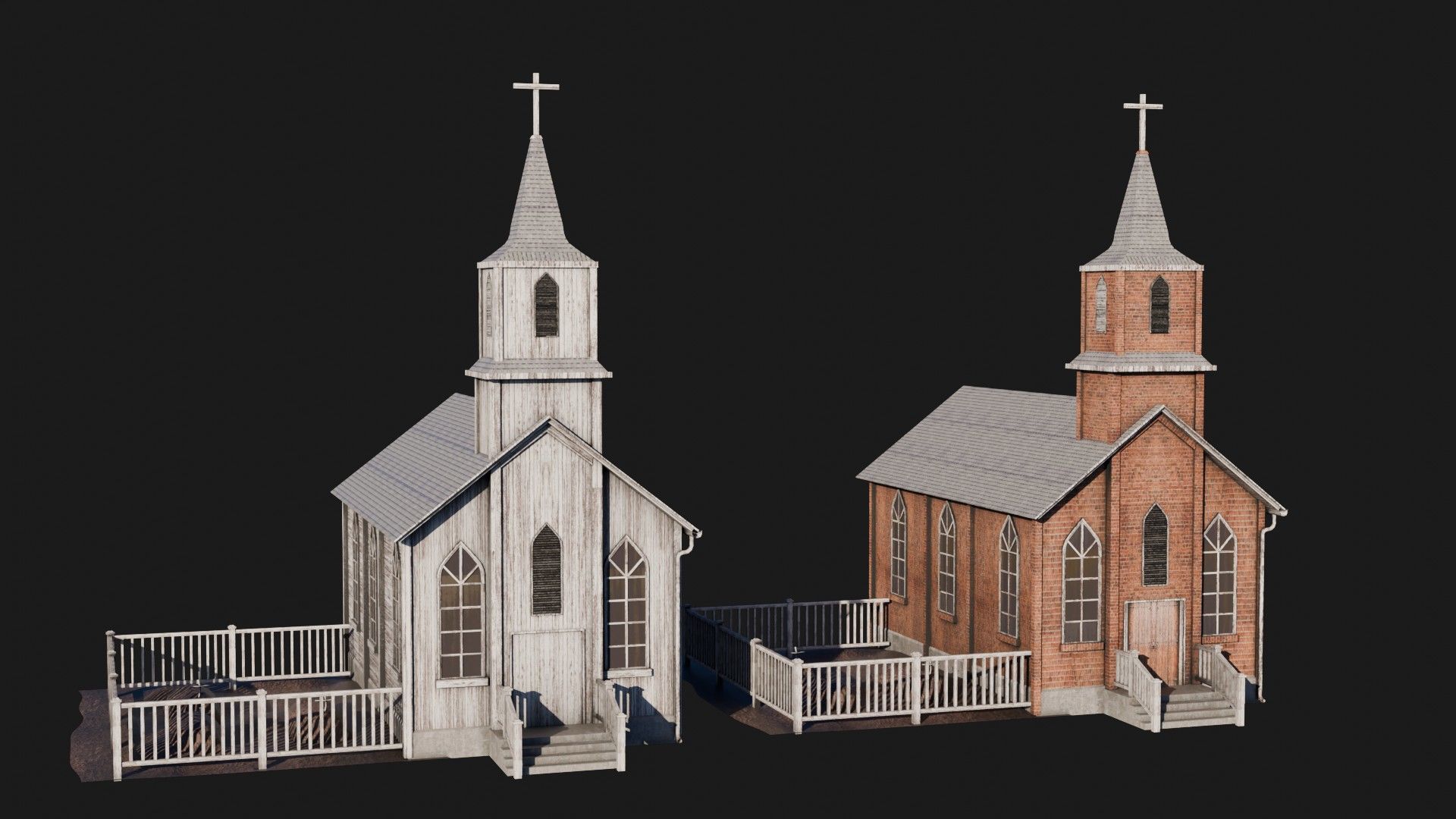 3D model two old churches wooden and brick with pbr textures VR / AR ...
