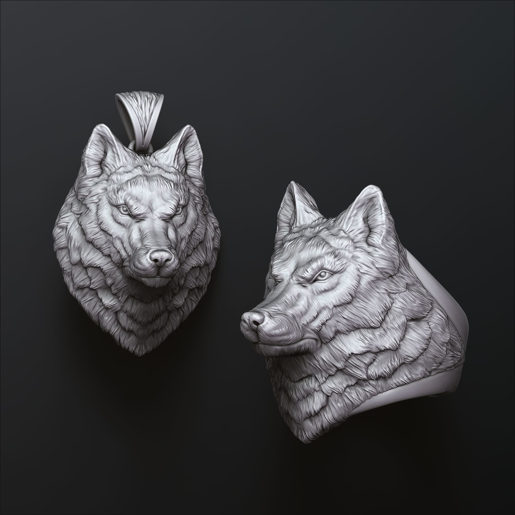 Wolf Head Ring Pendant Set 3D model 3D printable | CGTrader