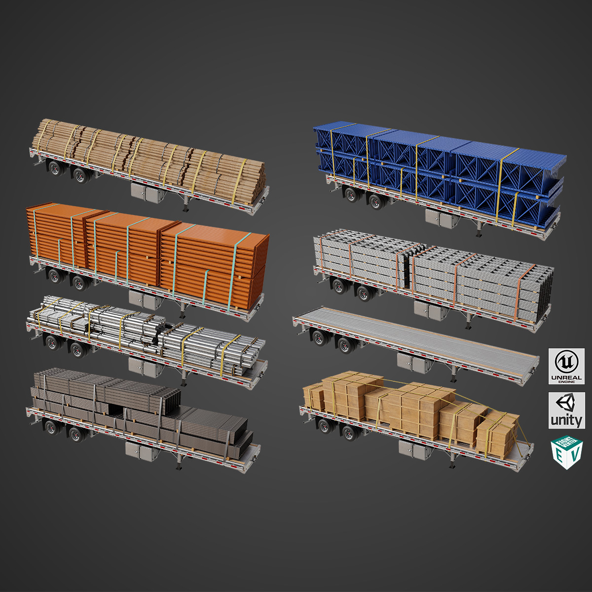 3D model Flatbed Trailer with 7 Loads Single Mat All PBR Unity UE VR ...