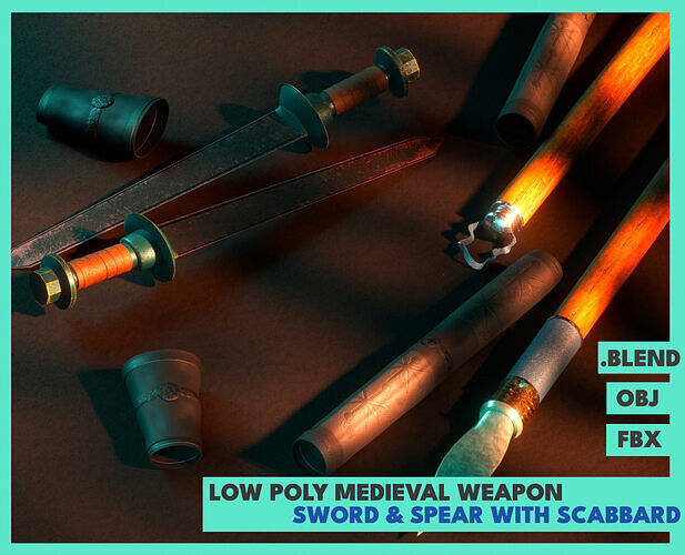 3D model Low Poly Medieval Weapon Sword and Spear with Scabbard VR / AR ...