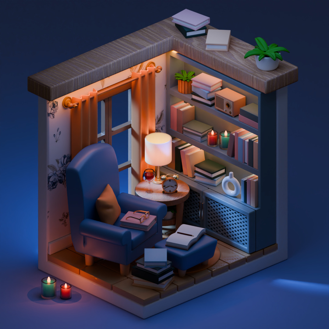 Stylized Isometric 3D Reading Corner Model - Ready-to-Render 3D model ...
