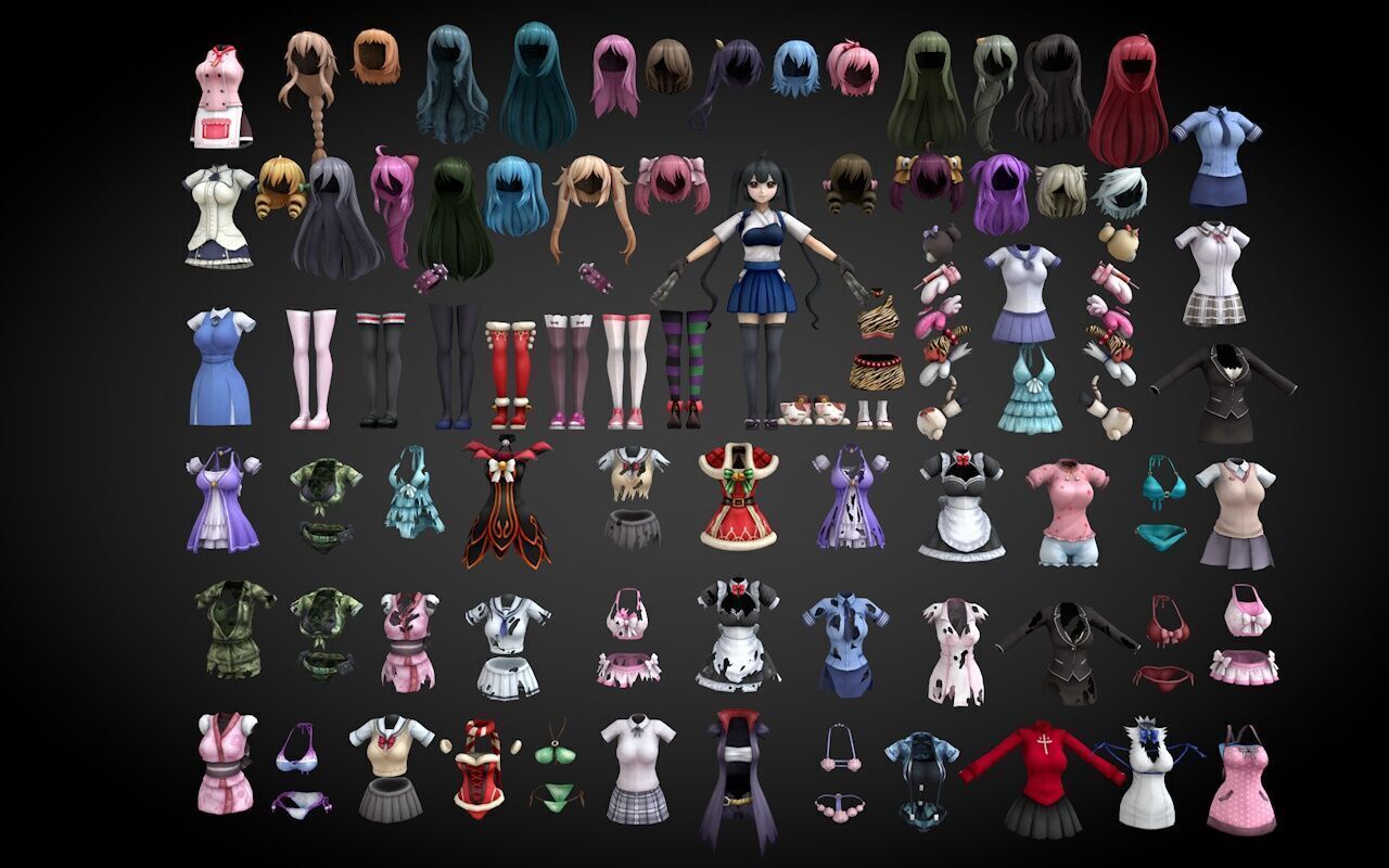 3D model Many Cartoon Cloth and girl and hair with Texture Low-poly ...