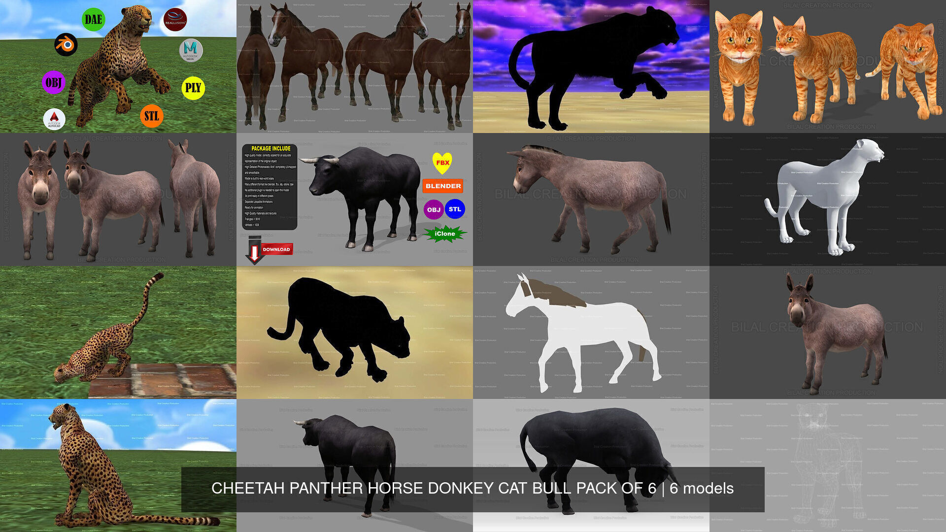 3D Model Collection 6 PACK OF CHEETAH PANTHER HORSE DONKEY CAT BULL VR ...