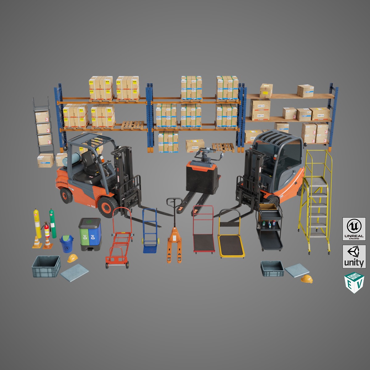 Cargo Pallets and Forklift Trucks Collection All PBR Textures VR / AR ...