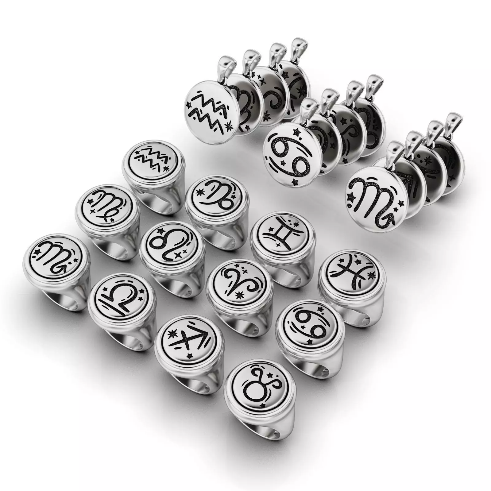 Complete Zodiac Jewelry Set Astrological Rings and Pendants 3D Model ...