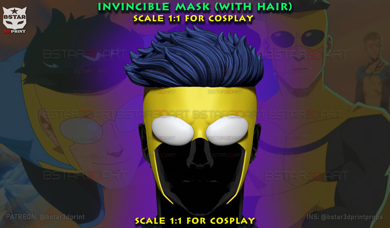 Invincible Mask With Hair - Halloween Comics Cosplay 3D model 3D ...