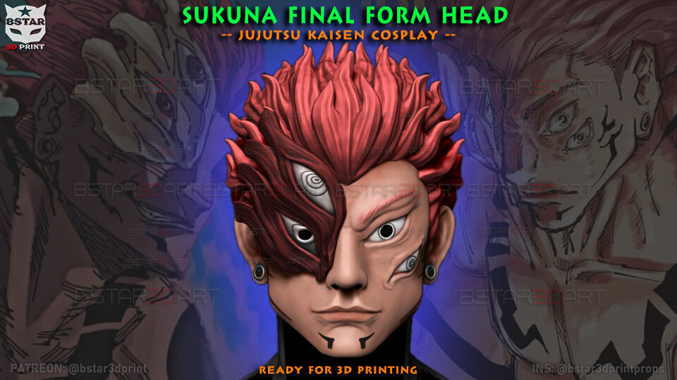 Sukuna Final Form Head Mask - With Hair - Jujutsu Kaisen Cosplay 3D ...