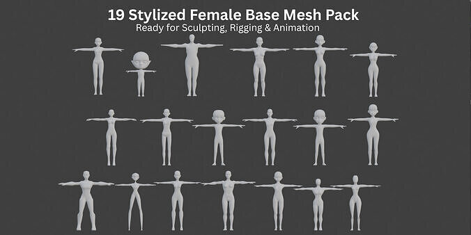 19 Stylized Female Base Mesh Pack 3D model | CGTrader