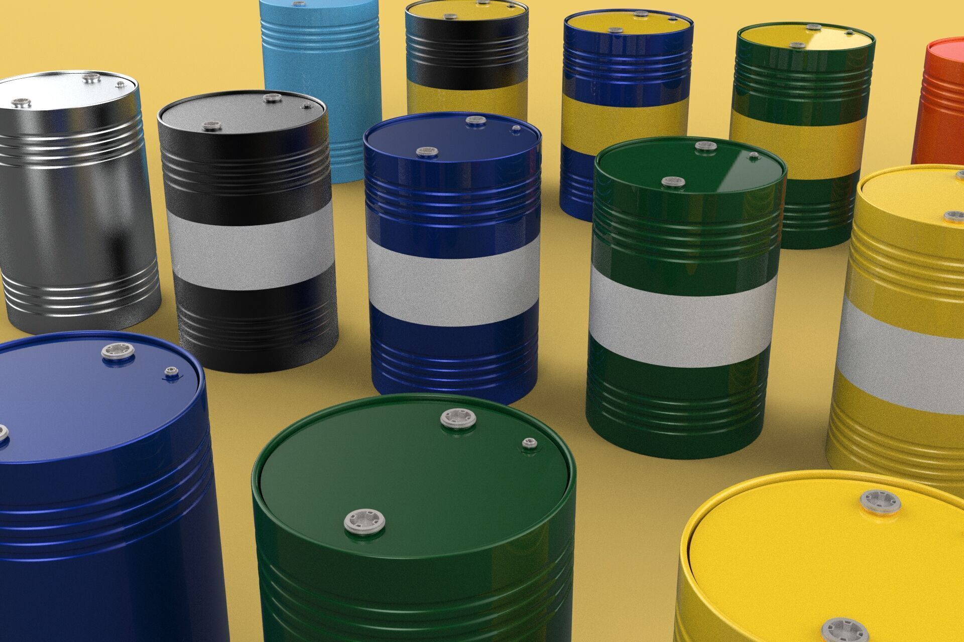 VARIOUS COLOR STACKED FUEL OIL STEEL DRUM GALLON BARREL GAS TANK 3D ...