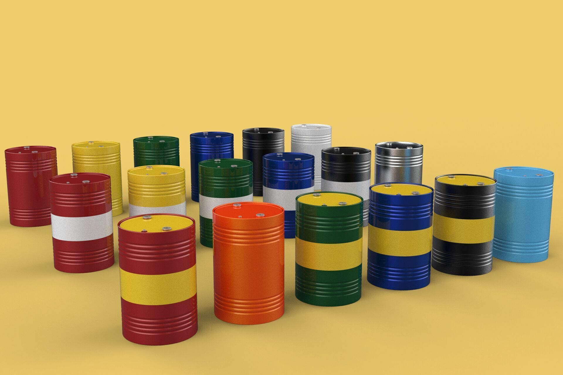 VARIOUS COLOR STACKED FUEL OIL STEEL DRUM GALLON BARREL GAS TANK 3D ...