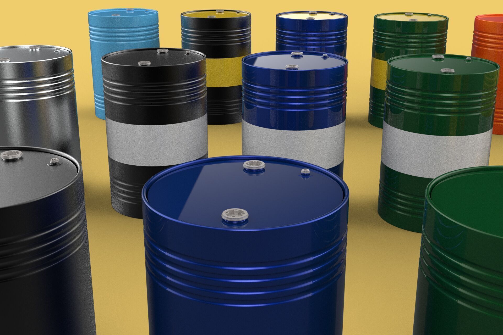 VARIOUS COLOR STACKED FUEL OIL STEEL DRUM GALLON BARREL GAS TANK 3D ...