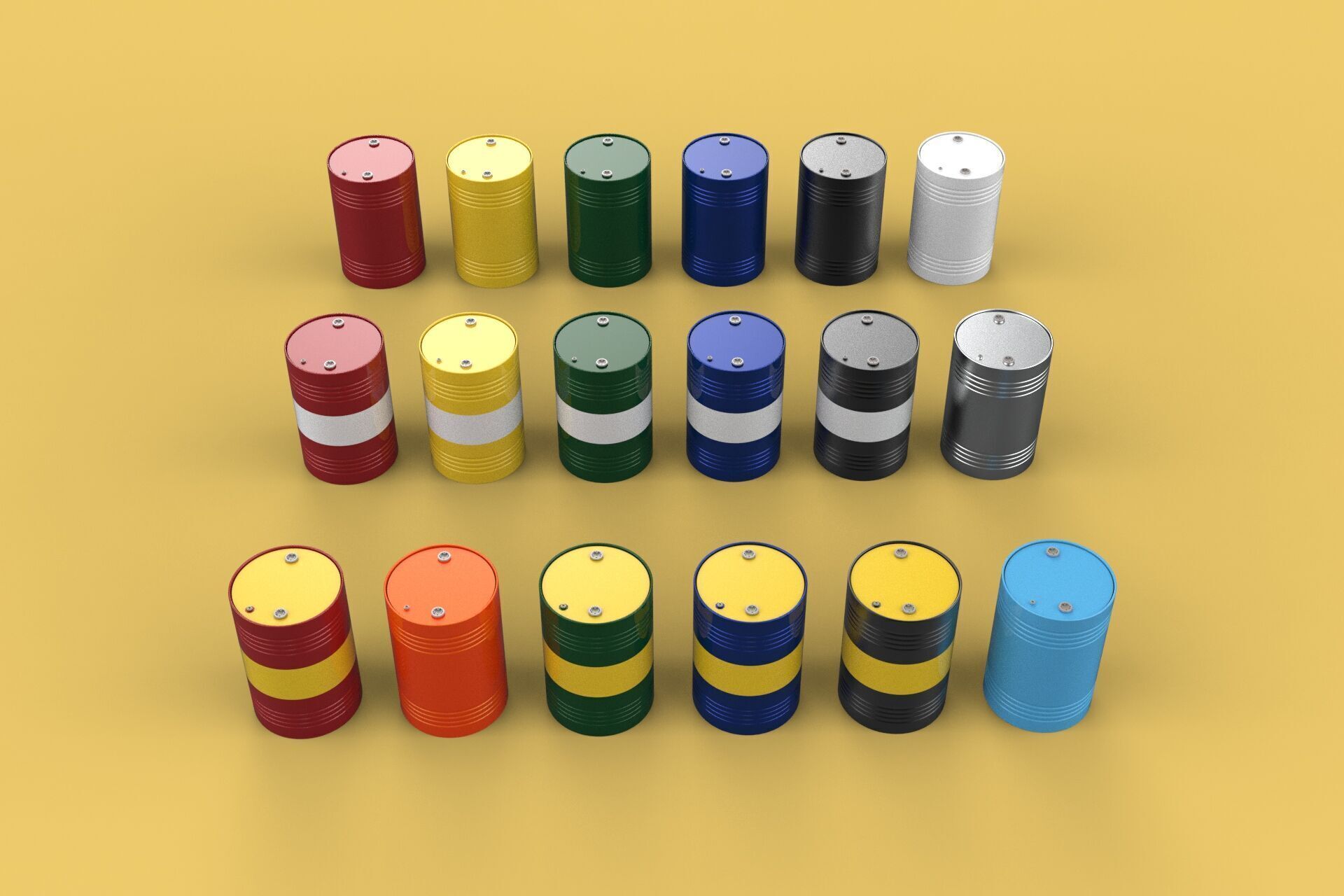 VARIOUS COLOR STACKED FUEL OIL STEEL DRUM GALLON BARREL GAS TANK 3D ...