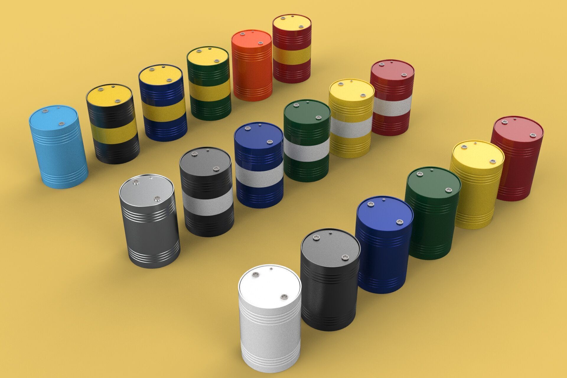 VARIOUS COLOR STACKED FUEL OIL STEEL DRUM GALLON BARREL GAS TANK 3D ...