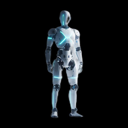 humanoid robot metallic body with blue glowing strips free VR / AR ...