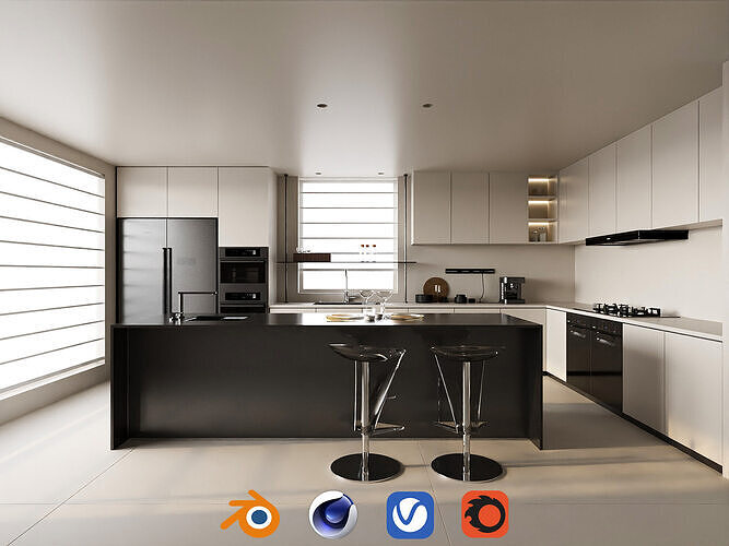 Minimalist Open Kitchen with Island 052 3D model | CGTrader