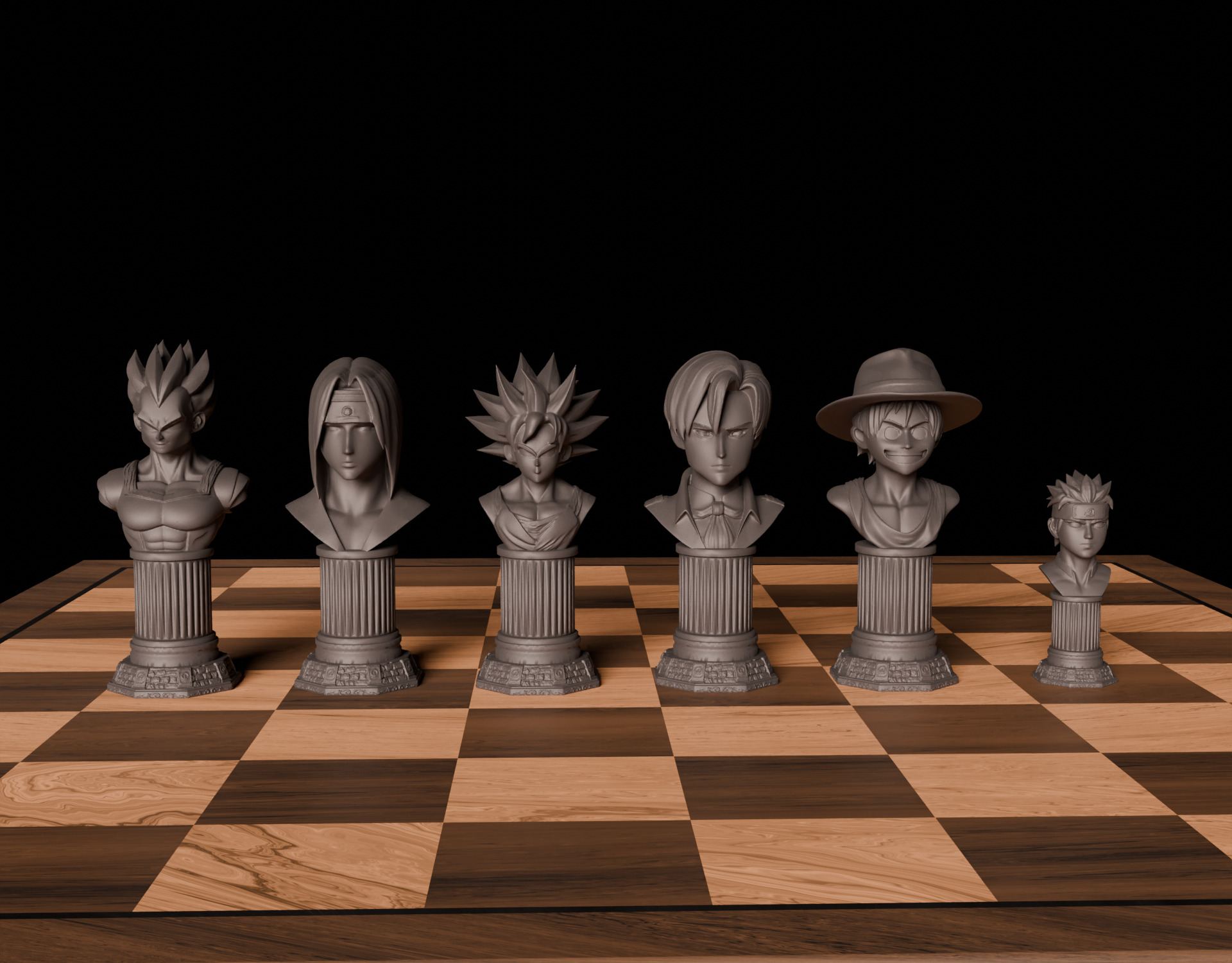 Anime Themed Chess Pieces Goku Naruto Luffy Itachi Vegeta Levi 3D model ...