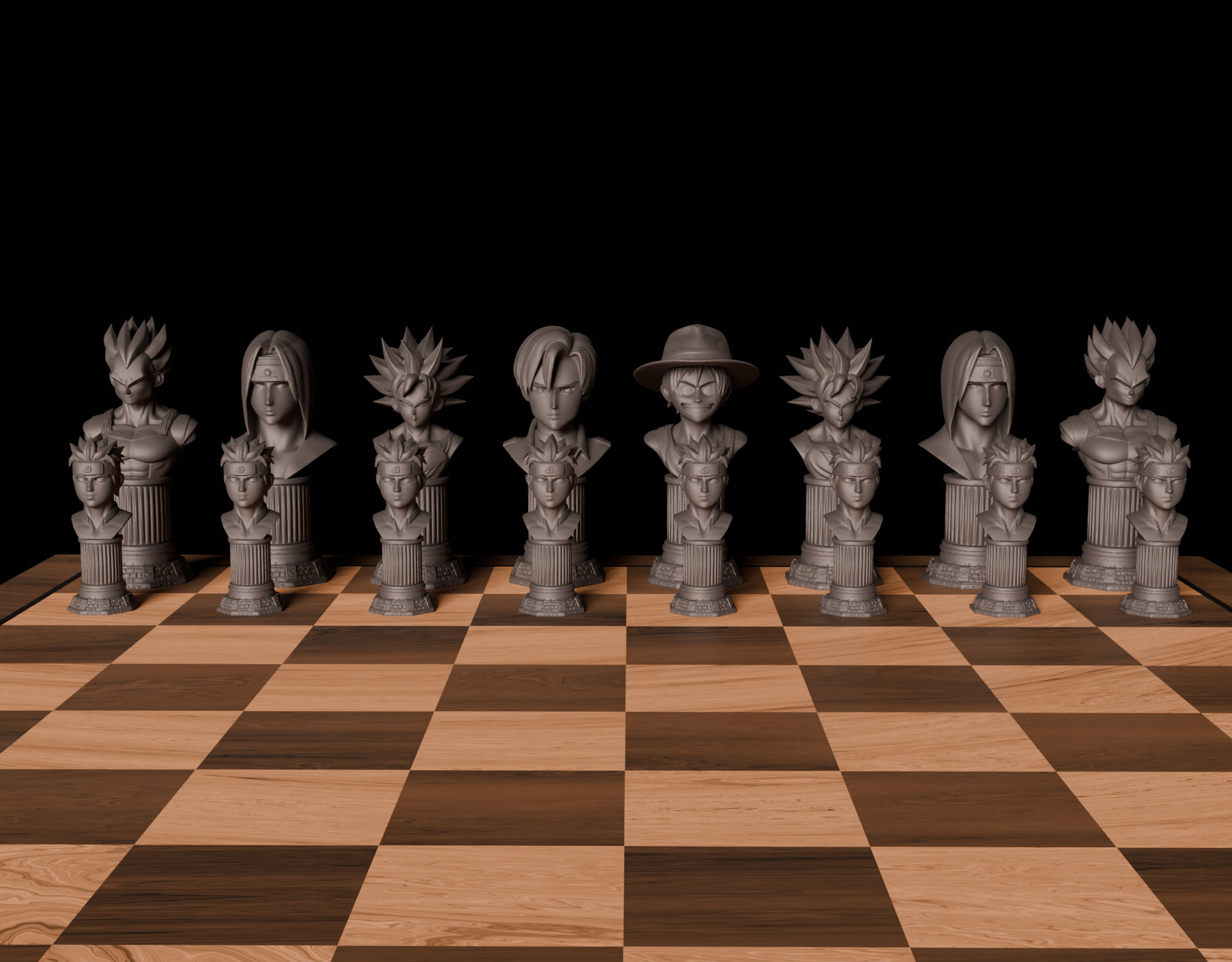 Anime Themed Chess Pieces Goku Naruto Luffy Itachi Vegeta Levi 3D model ...