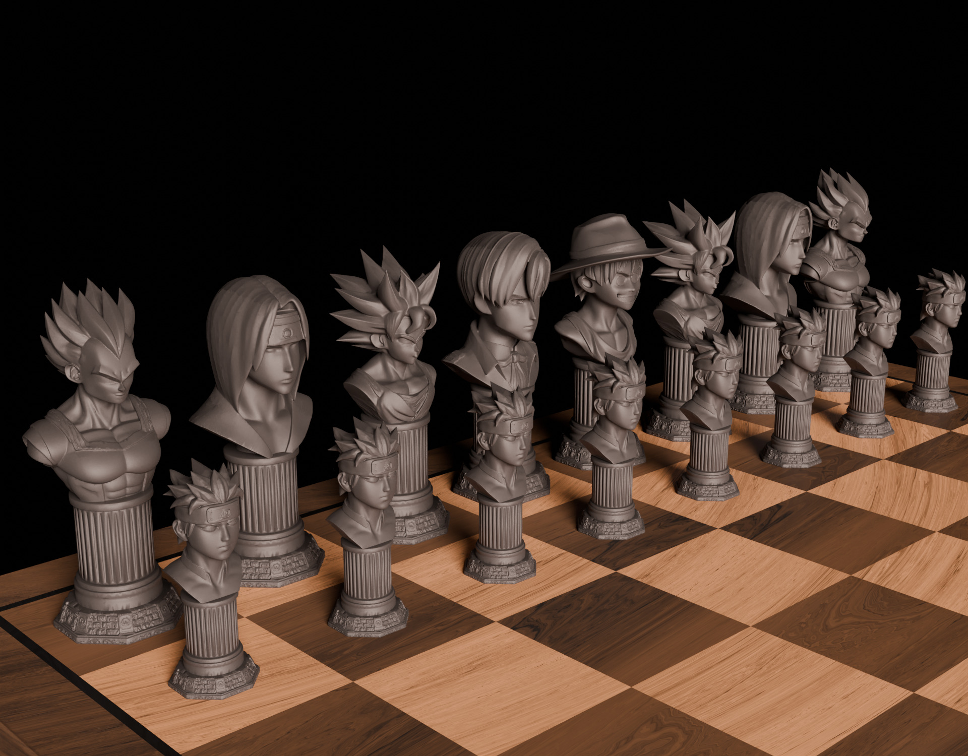 Anime Themed Chess Pieces Goku Naruto Luffy Itachi Vegeta Levi 3D model ...