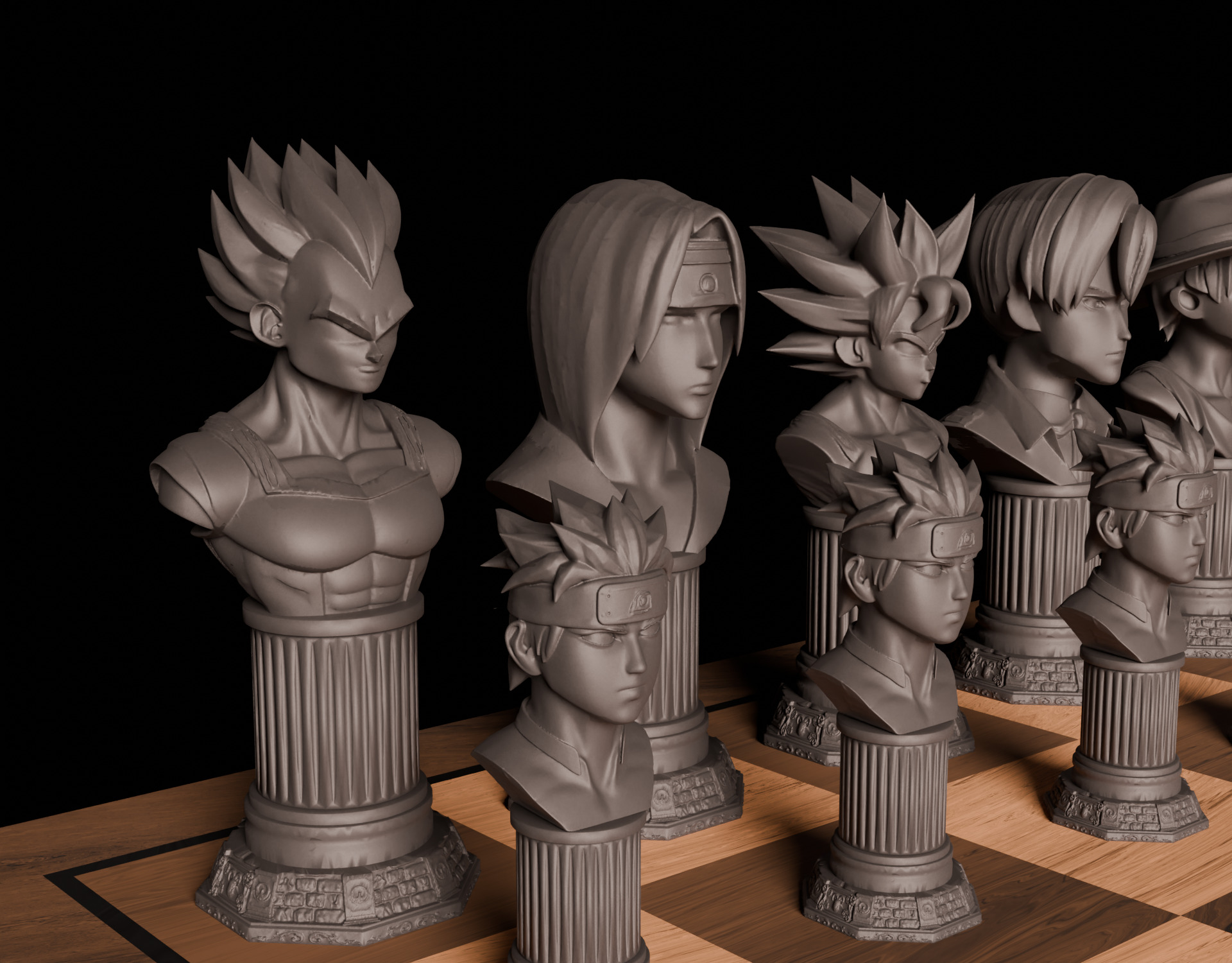 Anime Themed Chess Pieces Goku Naruto Luffy Itachi Vegeta Levi 3D model ...