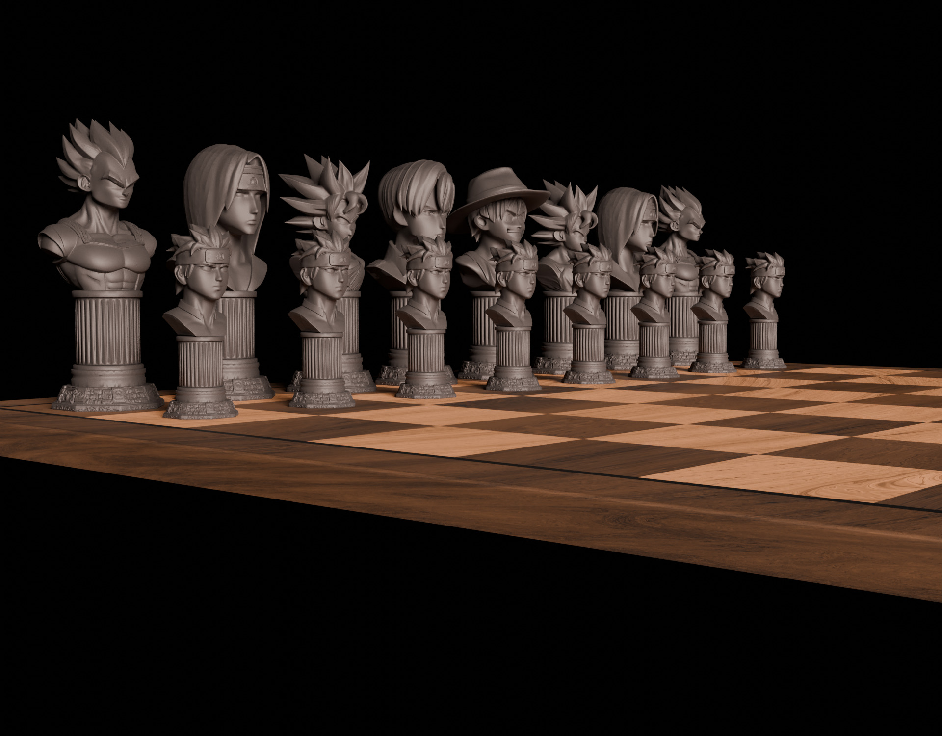Anime Themed Chess Pieces Goku Naruto Luffy Itachi Vegeta Levi 3D model ...