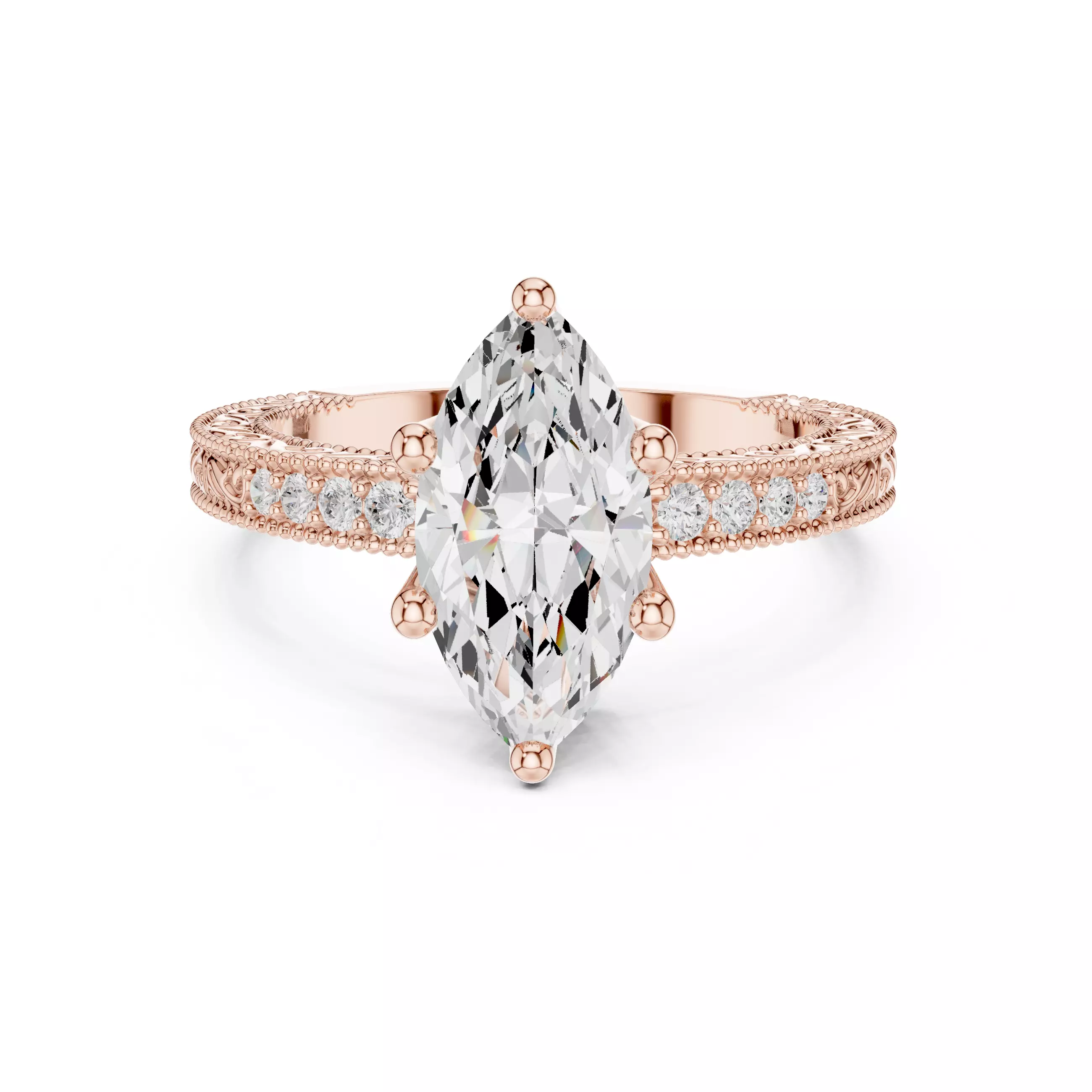 Marquise Cut Diamond Art Deco Milgrain Design Ring 3DM STL Video 3D ...