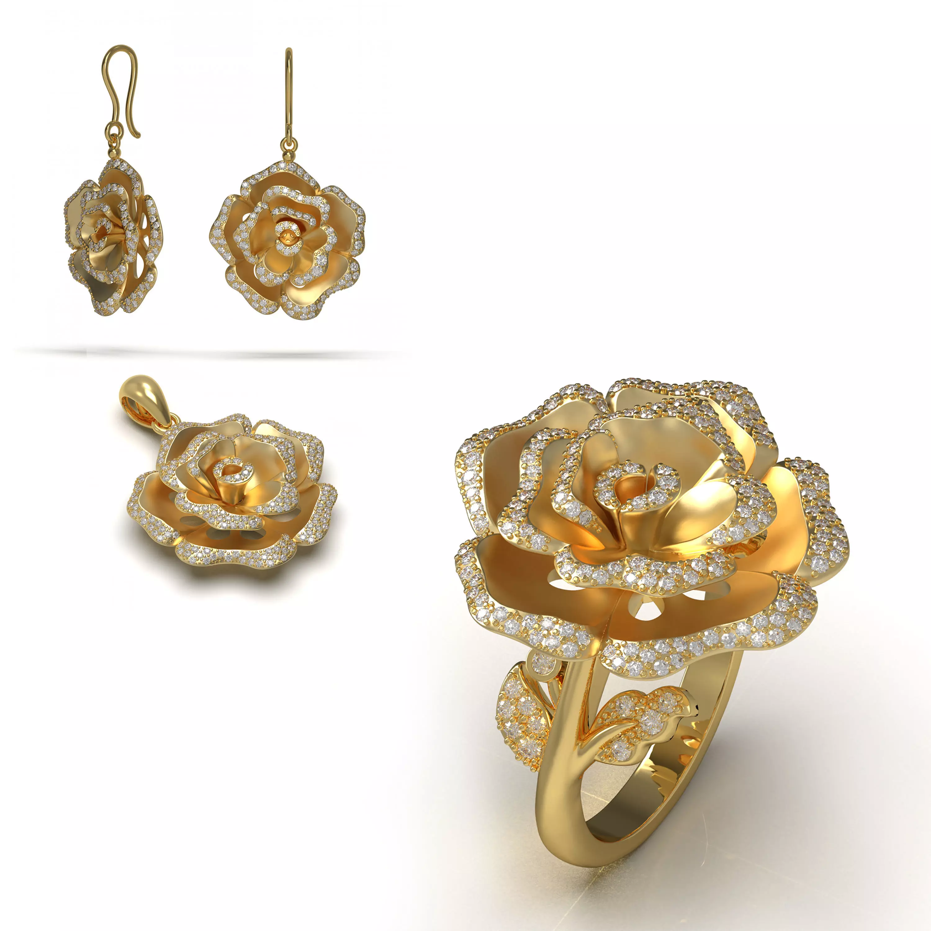 Rose Flower Jewelry Set - Ring Earrings Pendant 3D Model Pack 3D ...