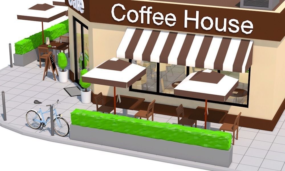 3D model Low Poly Corner Coffee Shop exterior interior VR / AR / low ...