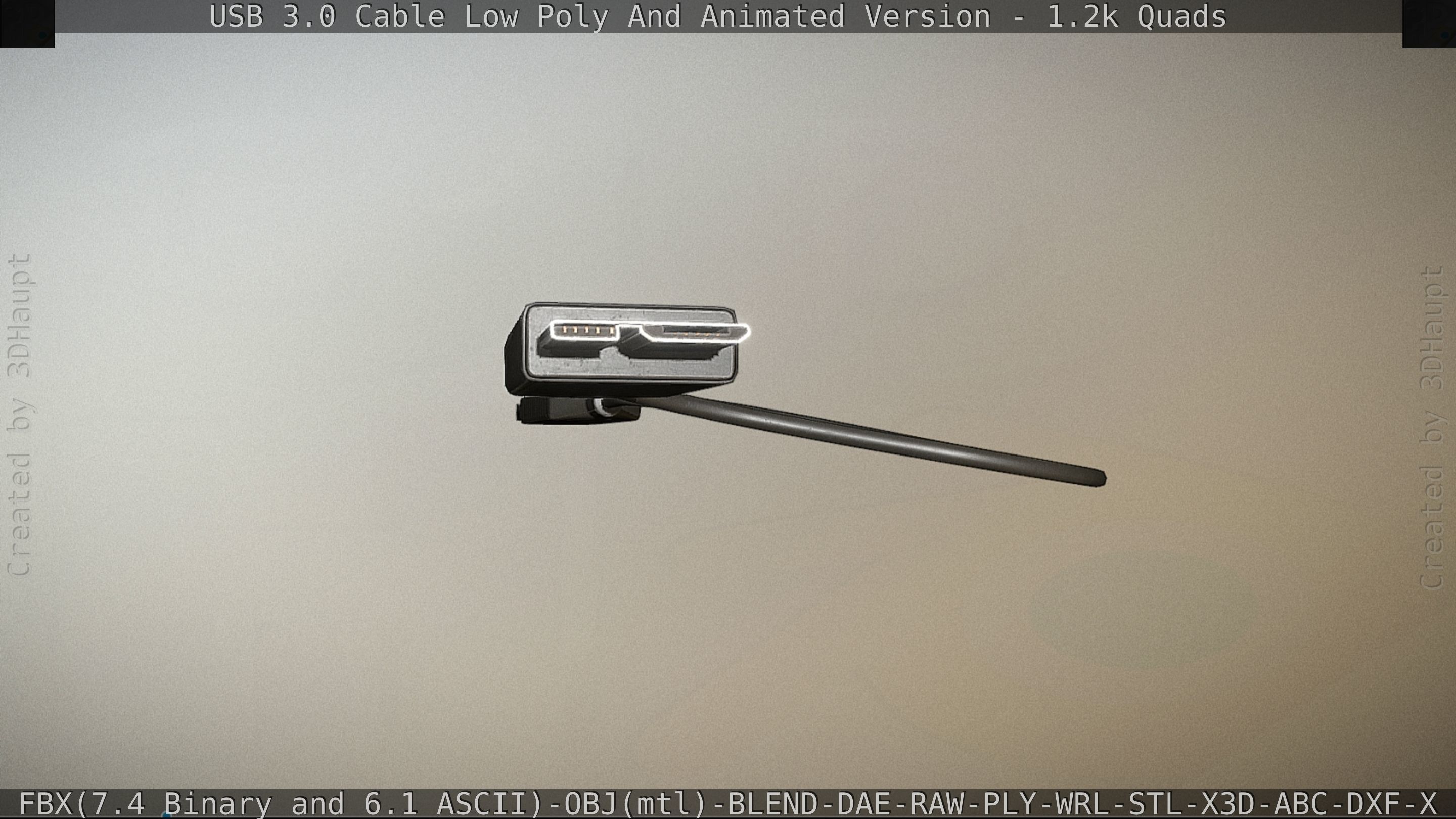 3d Model Usb 3 Cable Rigged Low Poly Version - Gameready - Pbr Textures